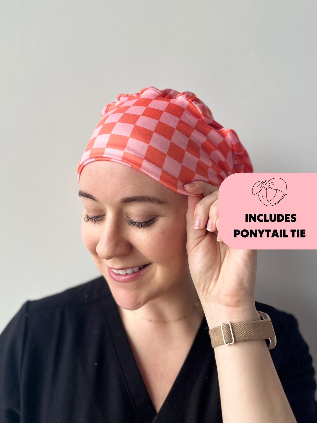 Duostyle Scrub Hat - Pink and Orange Checker - Women’s Soft Scrub Cap ...