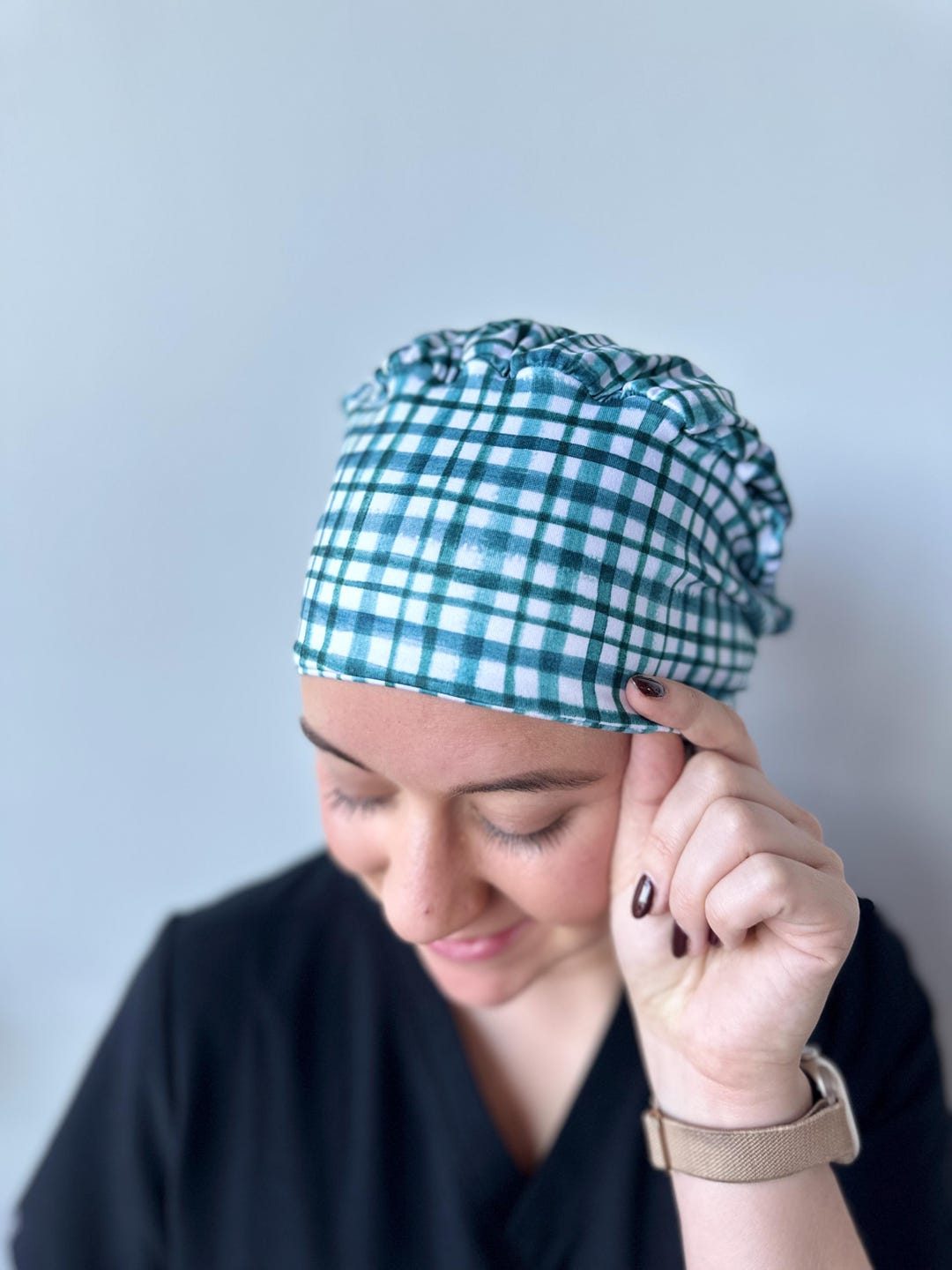 Hello Headband Scrub Hat Emerald Green Plaid Christmas Womens Soft ...