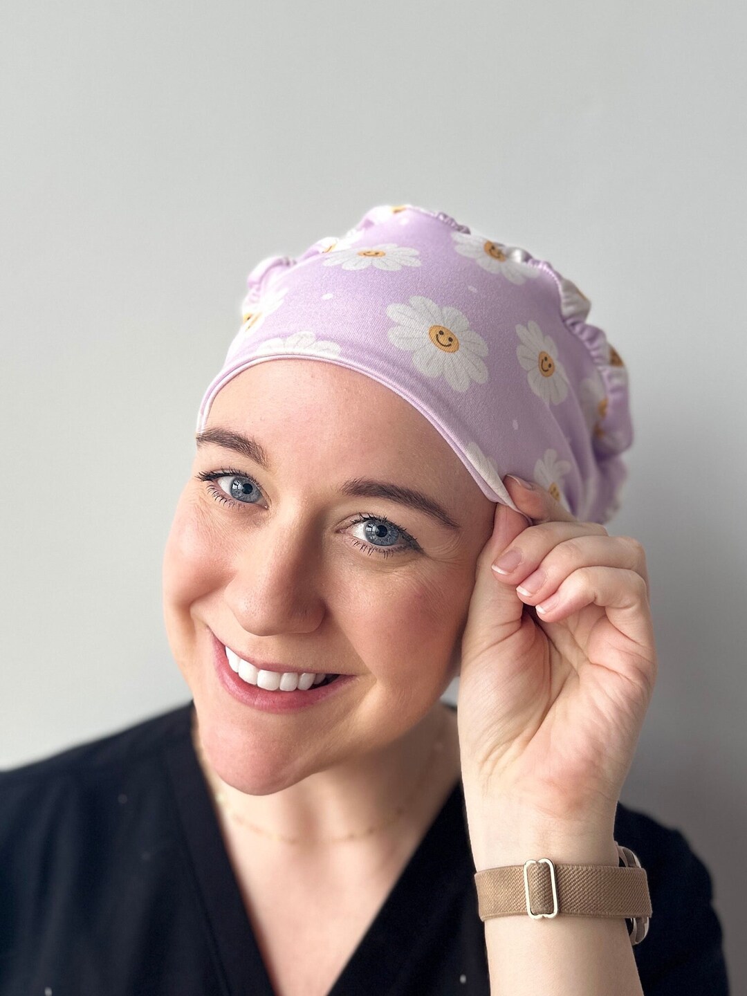 Hello Headband Scrub Hat - Purple Smiley Flowers - Women’s Soft Scrub ...
