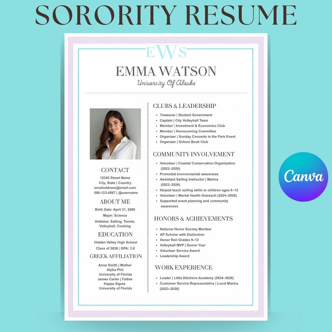 Sorority Resume Template 2026 With Photo | Editable Sorority ...