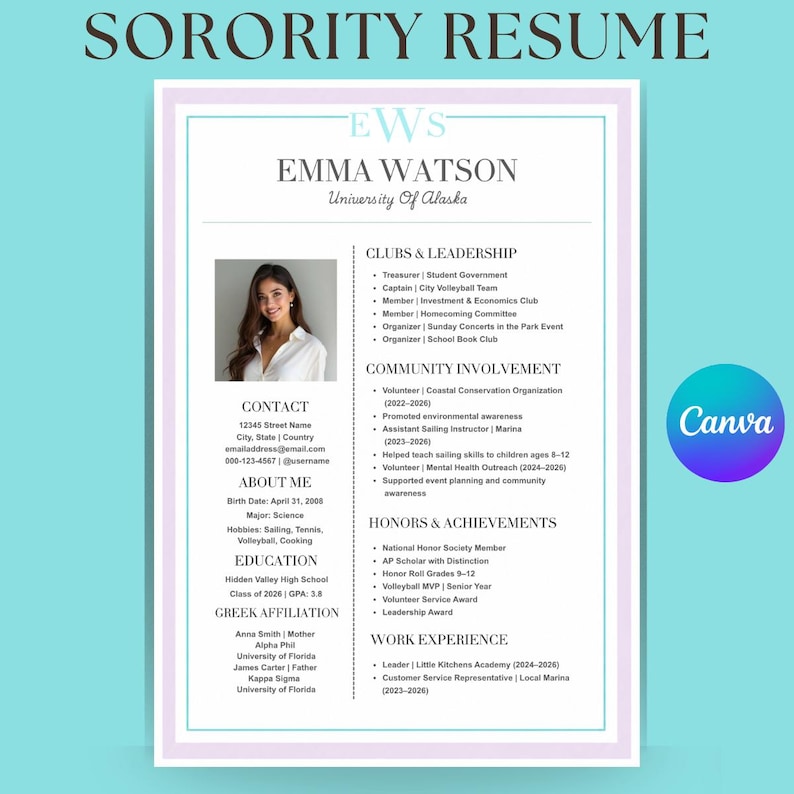 Sorority Resume Template 2026 With Photo | Editable Sorority ...