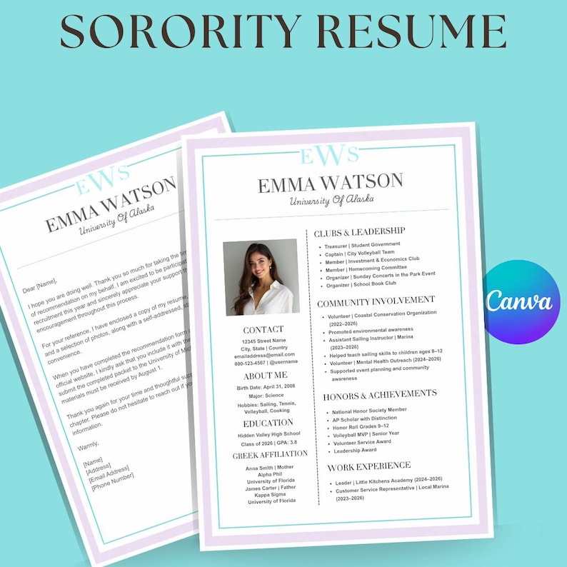 Sorority Resume Template 2026 With Photo | Editable Sorority ...