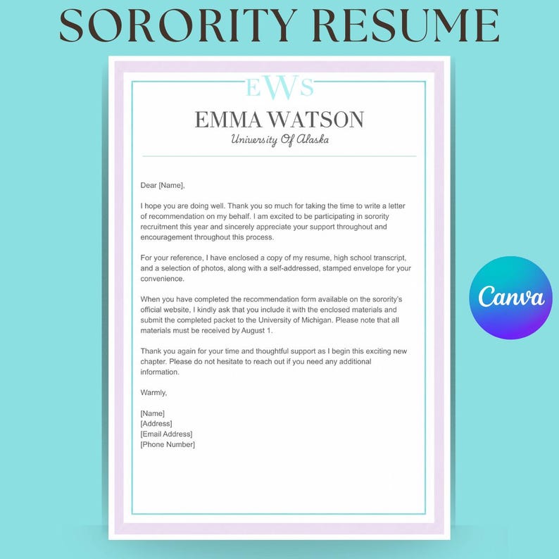 Sorority Resume Template 2026 With Photo | Editable Sorority ...