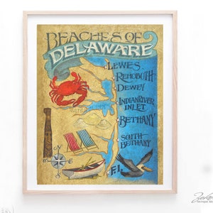 Delaware Beaches Map Art Print | Beach House Decor | Beach Decor ...