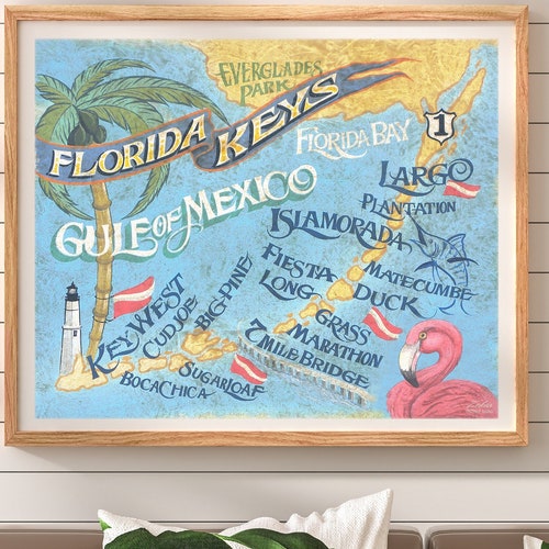 Florida Keys-key West Retro Beach Style Map Print Florida - Etsy