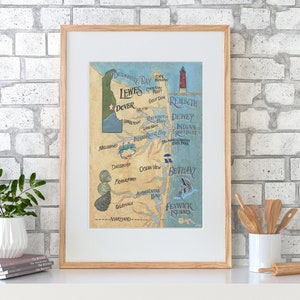 Delaware Beaches Map Style Print|beach House Decor| Travel Map ...