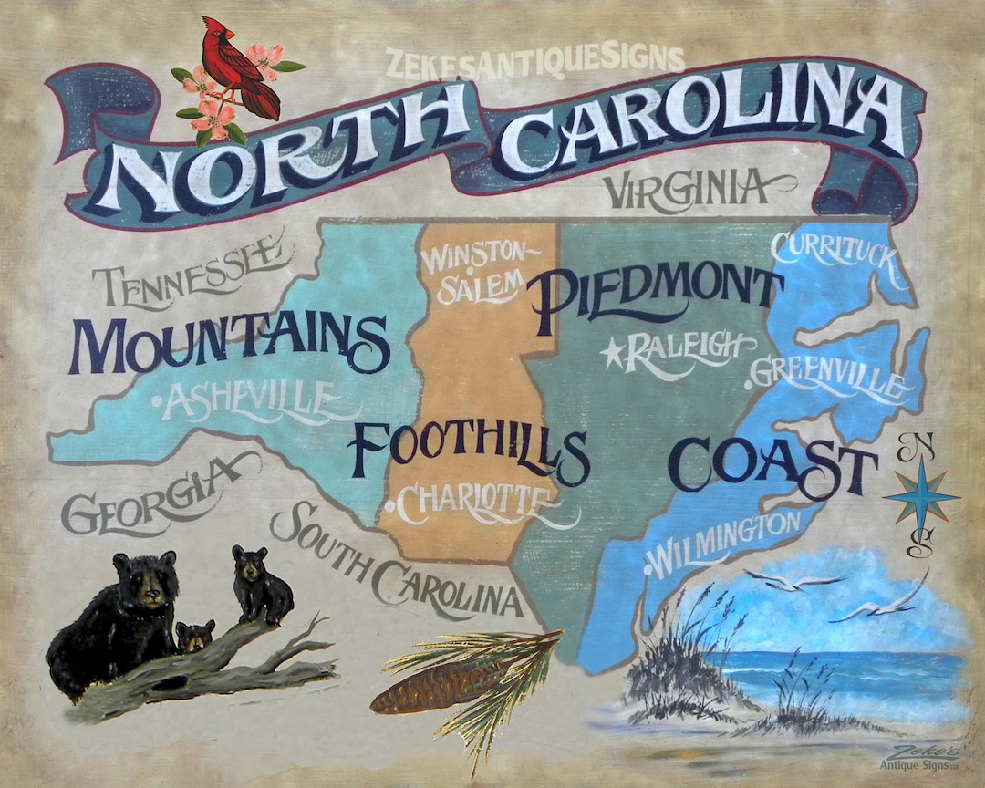 North Carolina Art Map Print | NC State Map Art | Raleigh I Wilmington ...