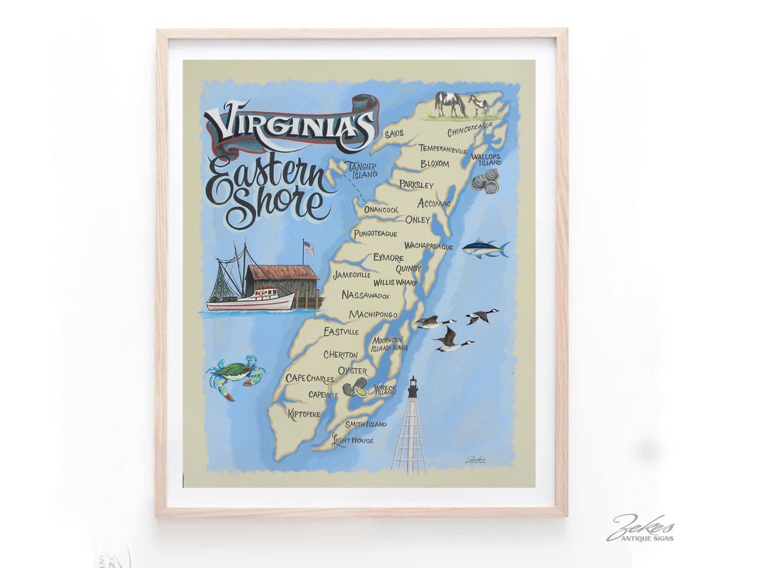 Virginia Eastern Shore Map Style Print Beach House Decor - Etsy