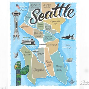 Seattle Washington Map Wall Art Print West Coast Art Travel Map Decor ...