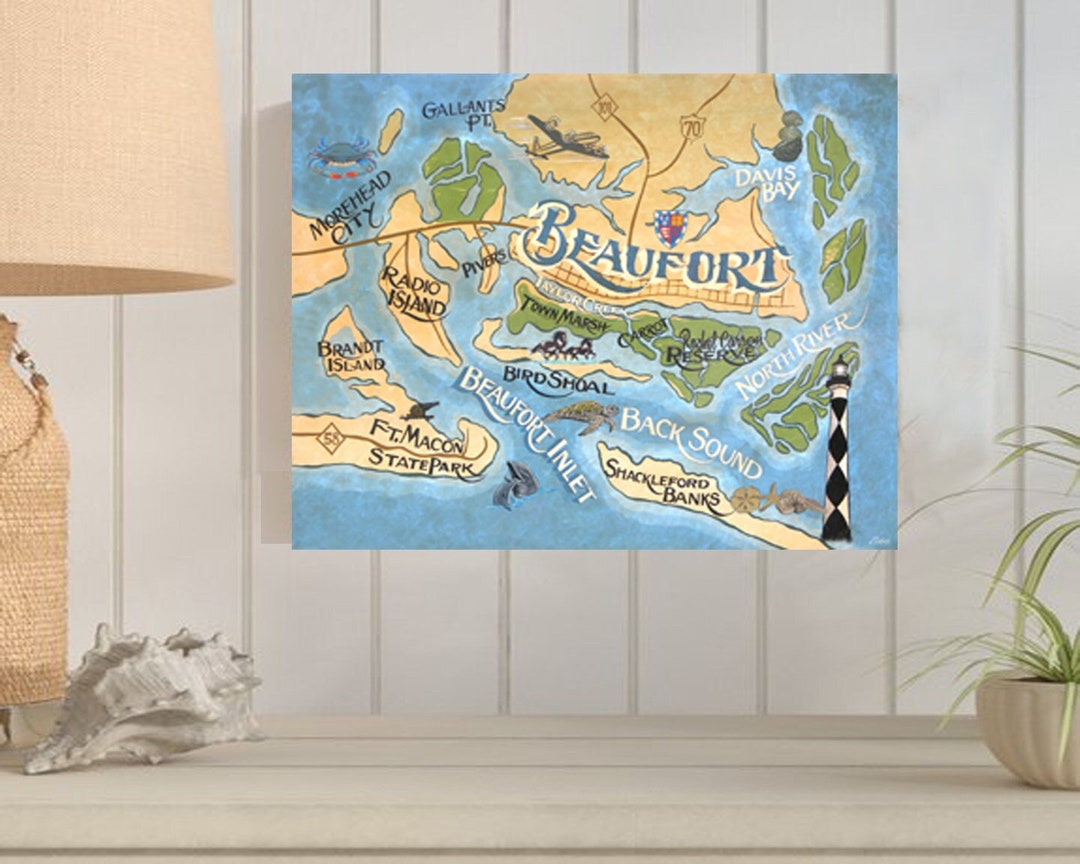 Beaufort NC Crystal Coast Map Art Print: Nautical Wall Decor - Etsy