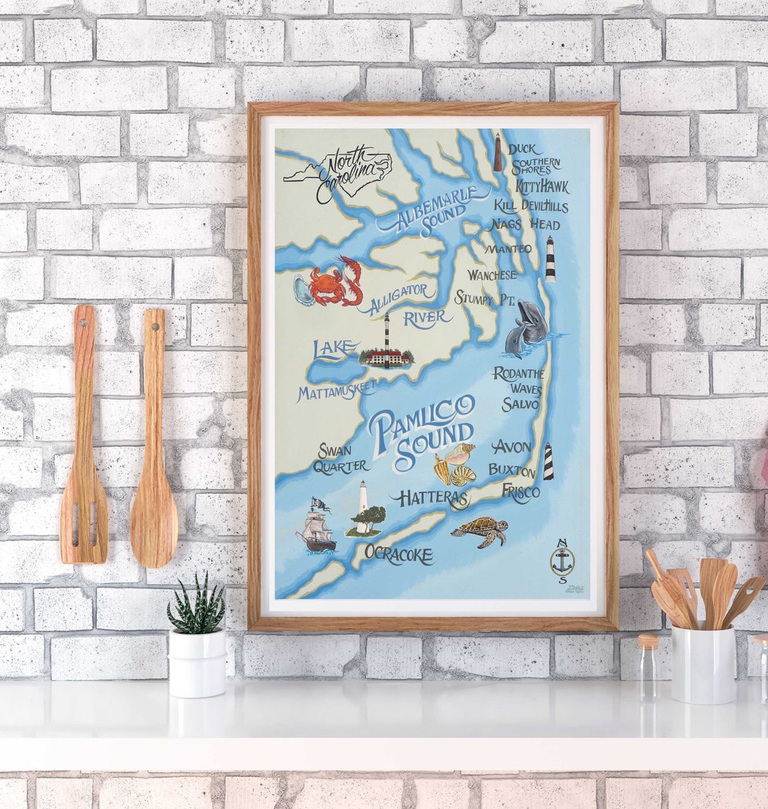 Outer Banks NC Style Map Print | Beach House Decor | Lighthouse and ...