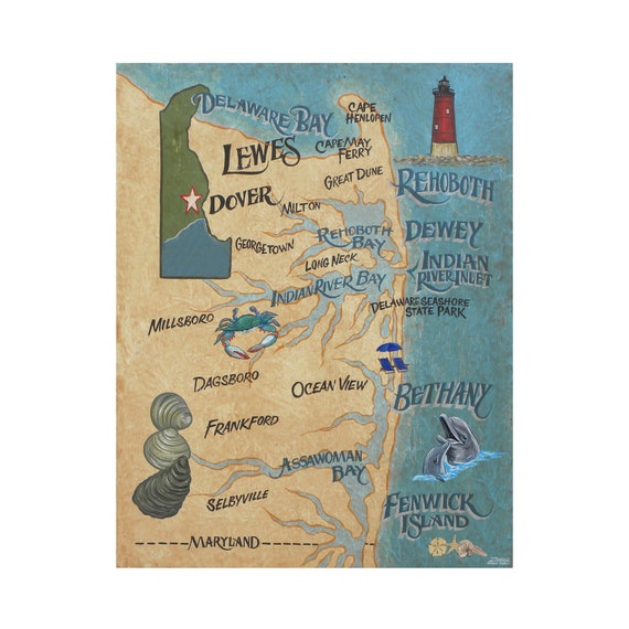 Delaware Beaches Map Style Printbeach House Decor Travel - Etsy