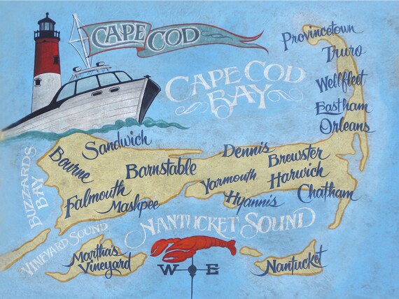 Cape Cod Retro Map Art PRINT Beach House Decor Kitchen - Etsy