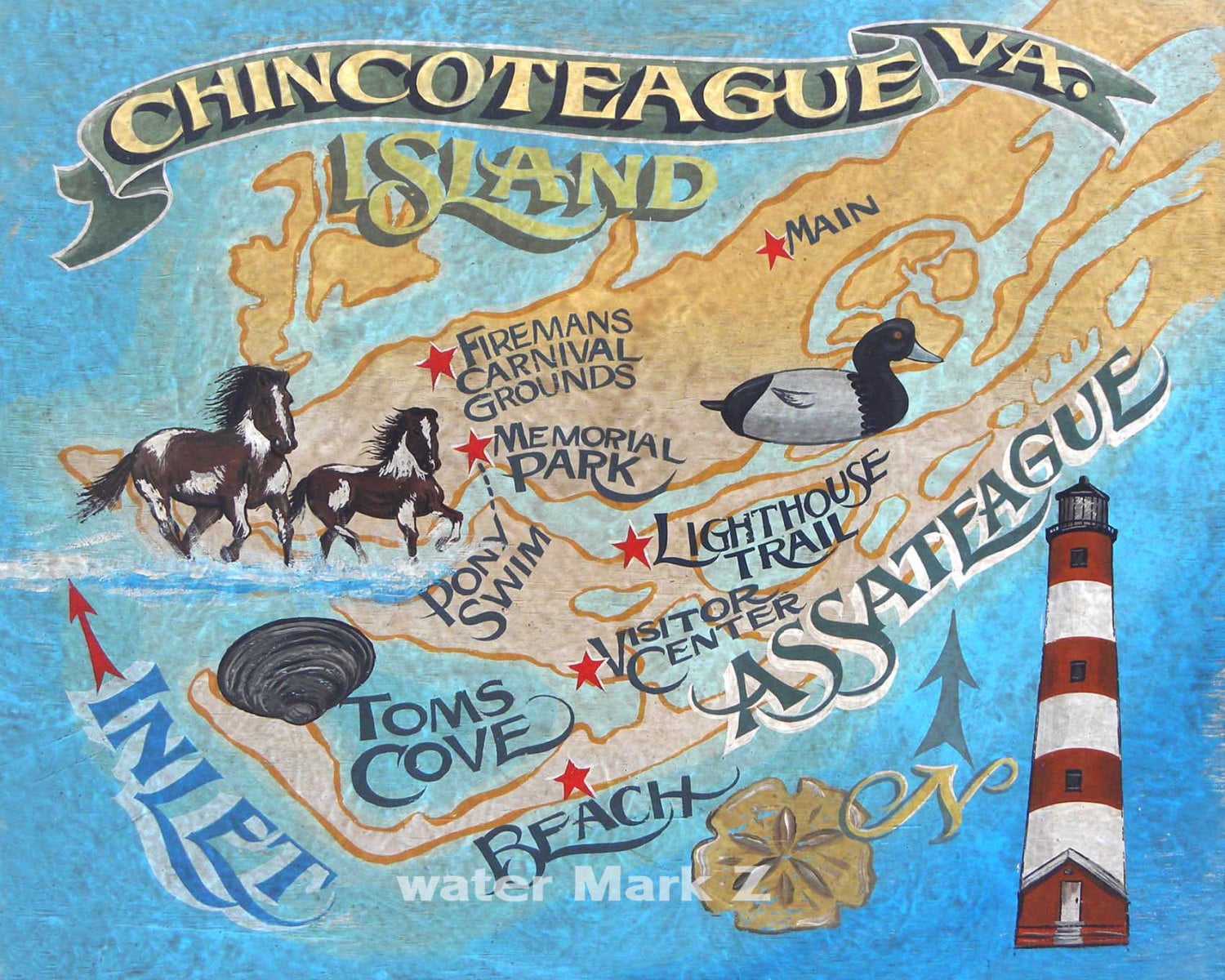 Chincoteague Island Virginia Map Print from an original hand | Etsy