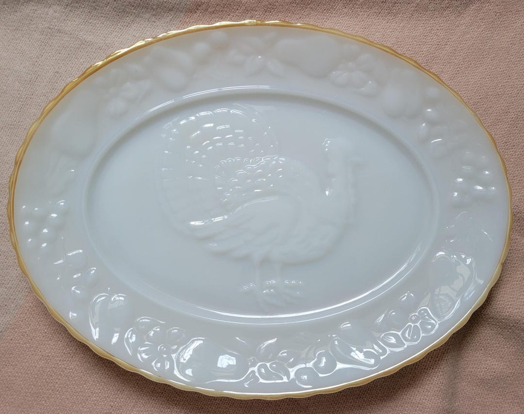 Vintage ANCHOR HOCKING Turkey Platter, Milk Glass Large Oval Plate ...