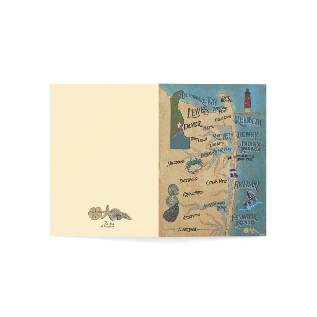 Delaware Map Art Greeting Cards 1, 10, 30, and 50pcs I Rehoboth I ...