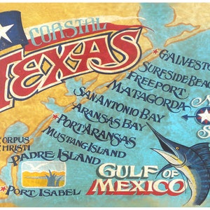 Texas Coast Map PRINT Beach House Decor Texas Art - Etsy