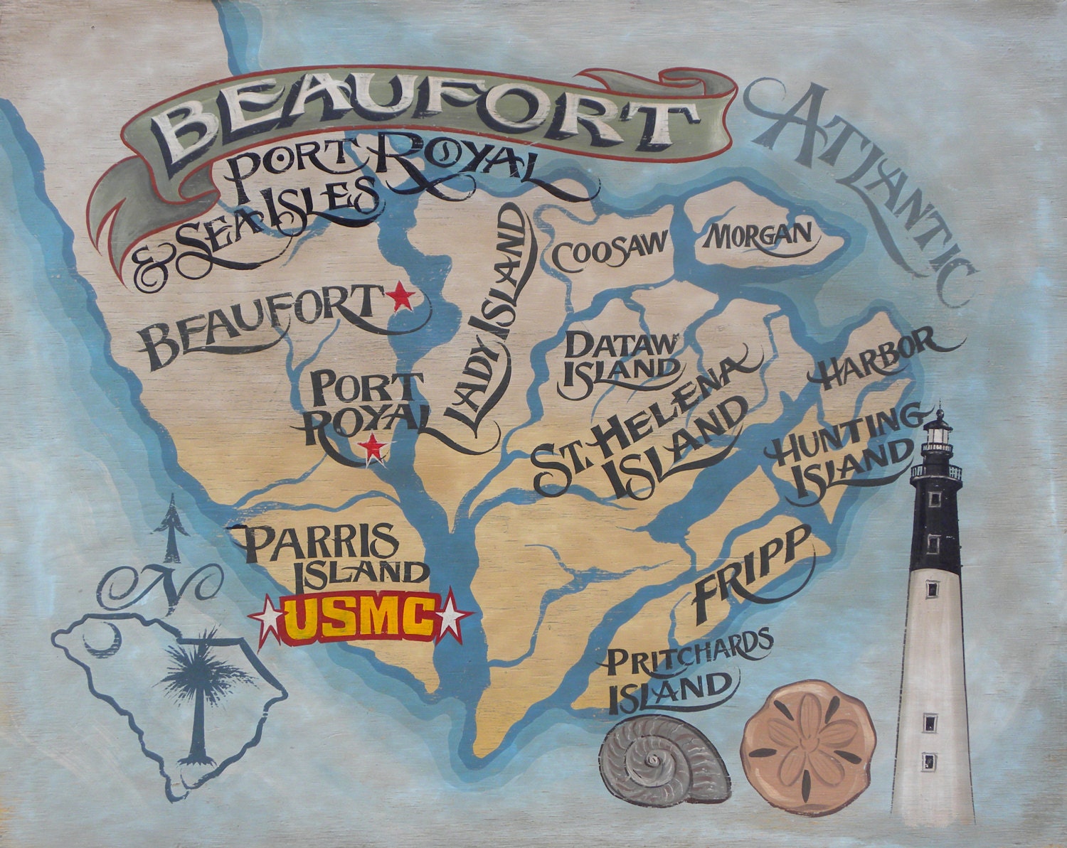 Beaufort SC Map Islands Print . Beach House Decor Travel and - Etsy