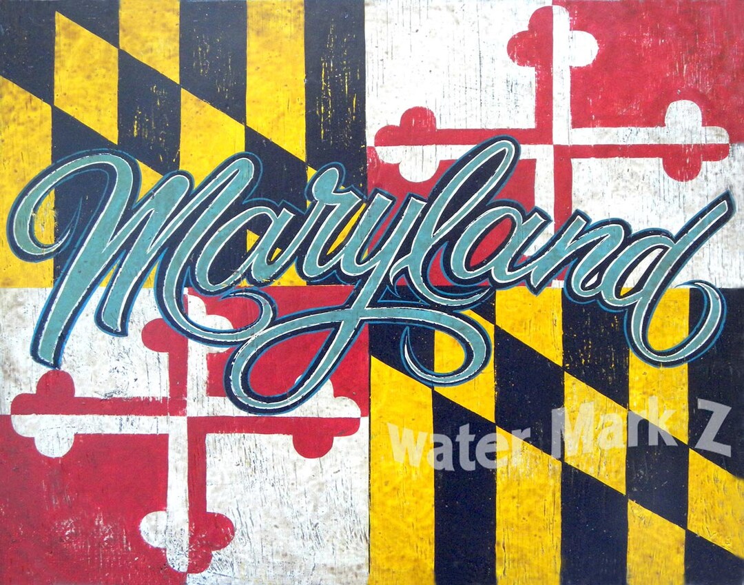 Maryland Flag & Script Lettering Print From an Original Hand Painted ...
