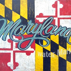 Maryland Flag & Script Lettering Print From an Original Hand Painted ...