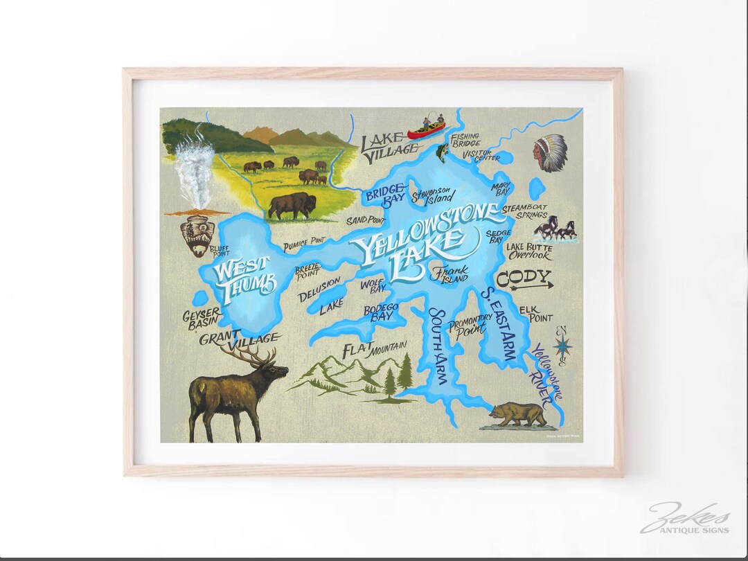 Yellowstone National Park Map Art Print. Wildlife and Key Attractions ...