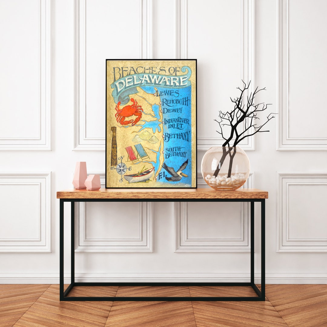 Delaware Beaches Map Art Print Beach House Decor Beach Decor Delaware ...