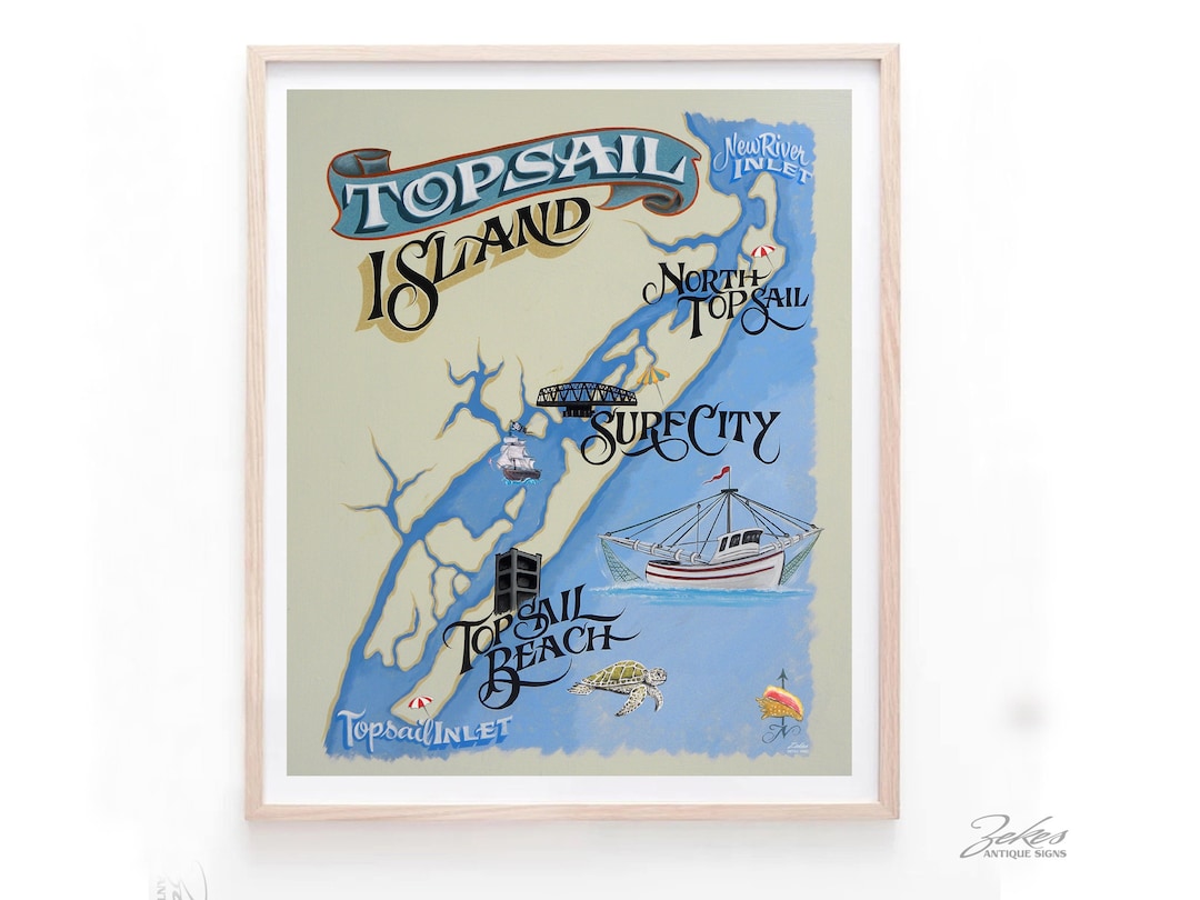 Topsail Island Map Print: North Carolina Beach House Decor | Coastal ...