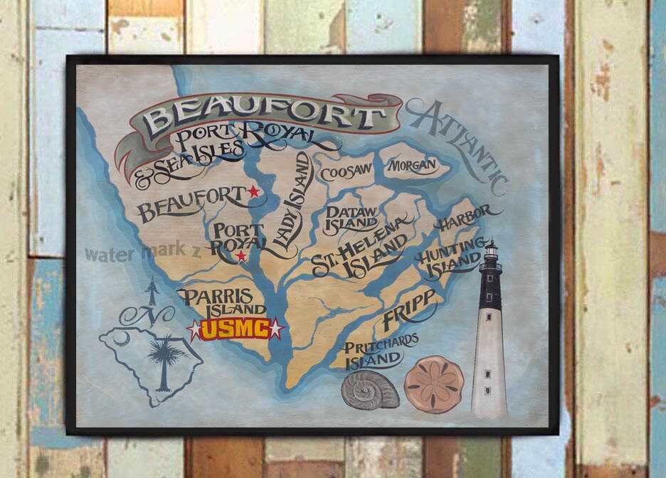 Beaufort SC Map Islands Print . Beach House Decor Travel and - Etsy