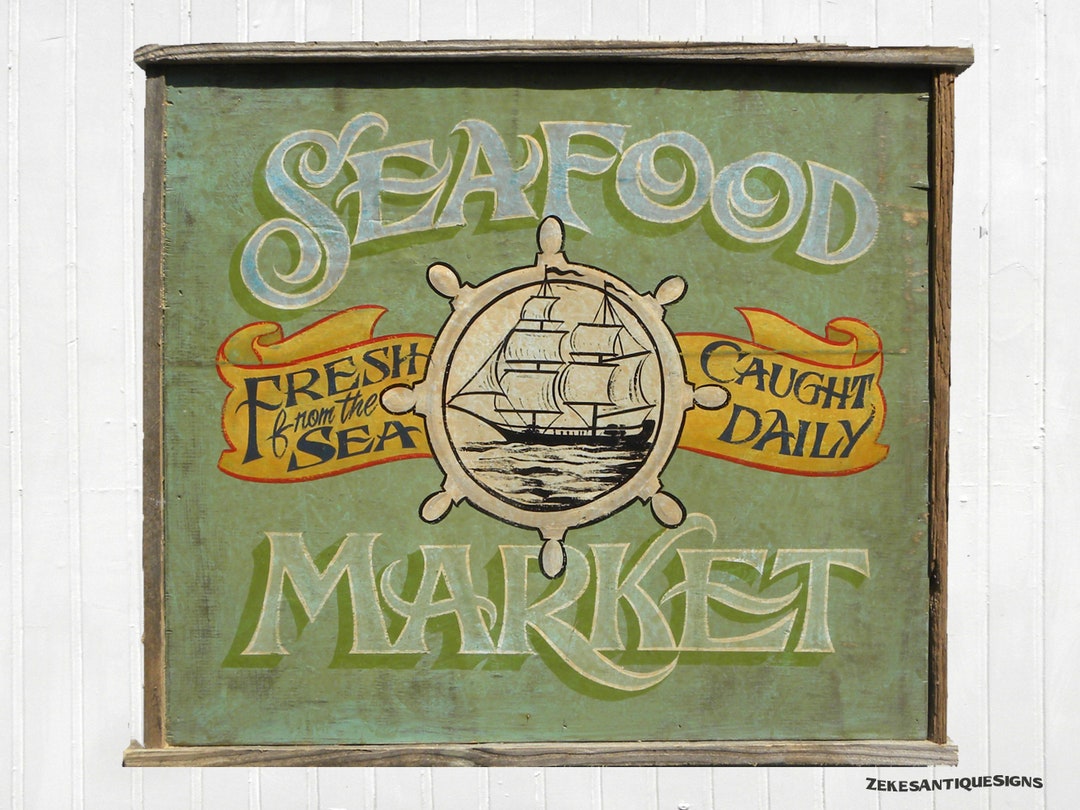 Hand Painted Seafood Market Sign: Vintage Style Decor, Painted Schooner ...