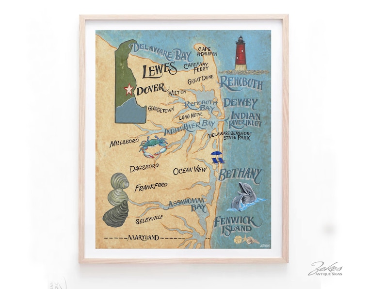 Delaware Beaches Map Style Printbeach House Decor Travel - Etsy