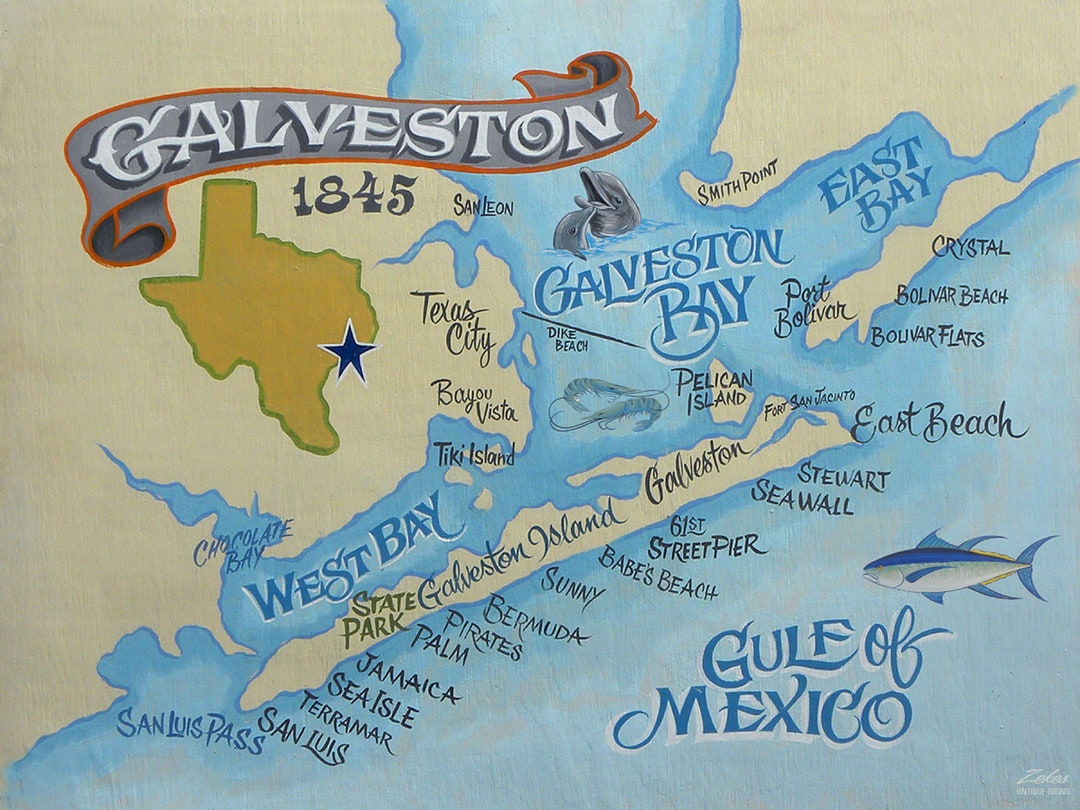 Galveston Texas Map Art Print Texas Wall Decor State Beach - Etsy