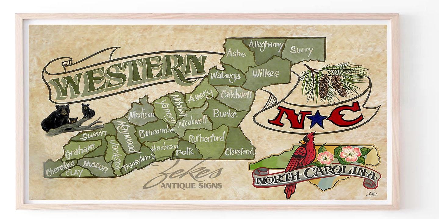 Western NC Carolina Print of the Counties Map , Travel and Vacation Map ...