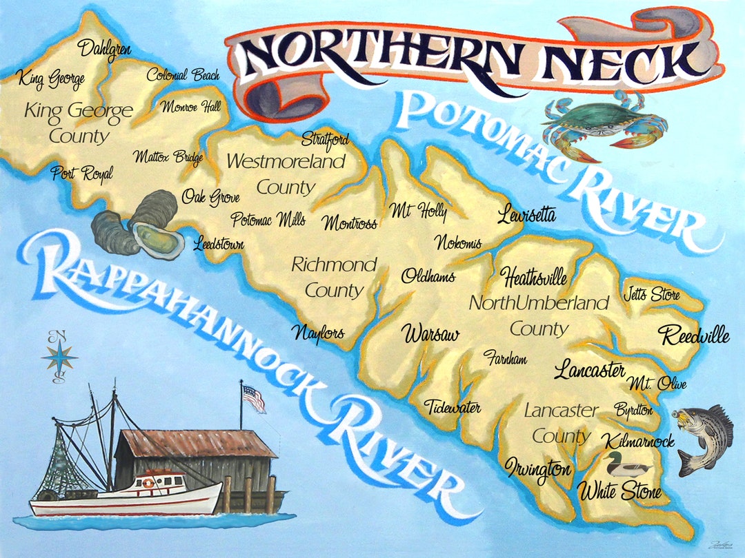 Northern Neck of Virginia Print . Retro Map-art Beach House - Etsy