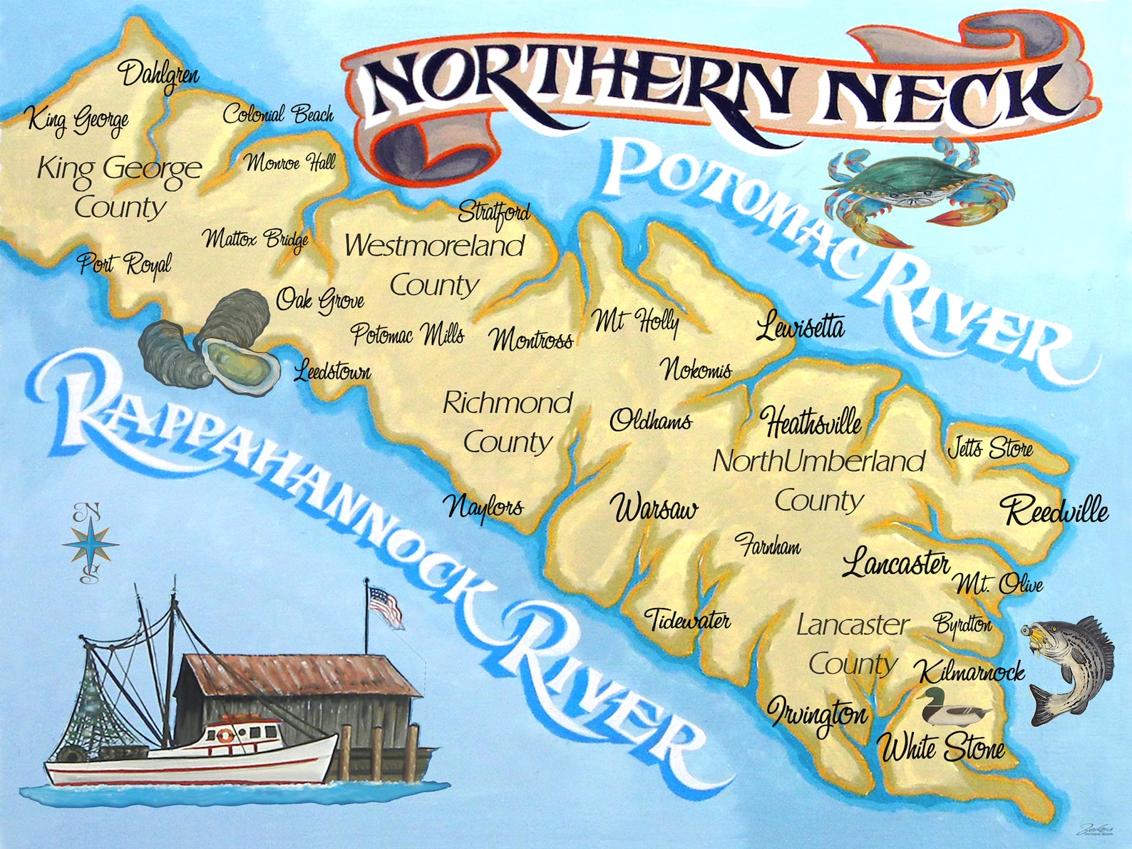Northern Neck of Virginia Print | Retro Map Art Print | Beach House ...