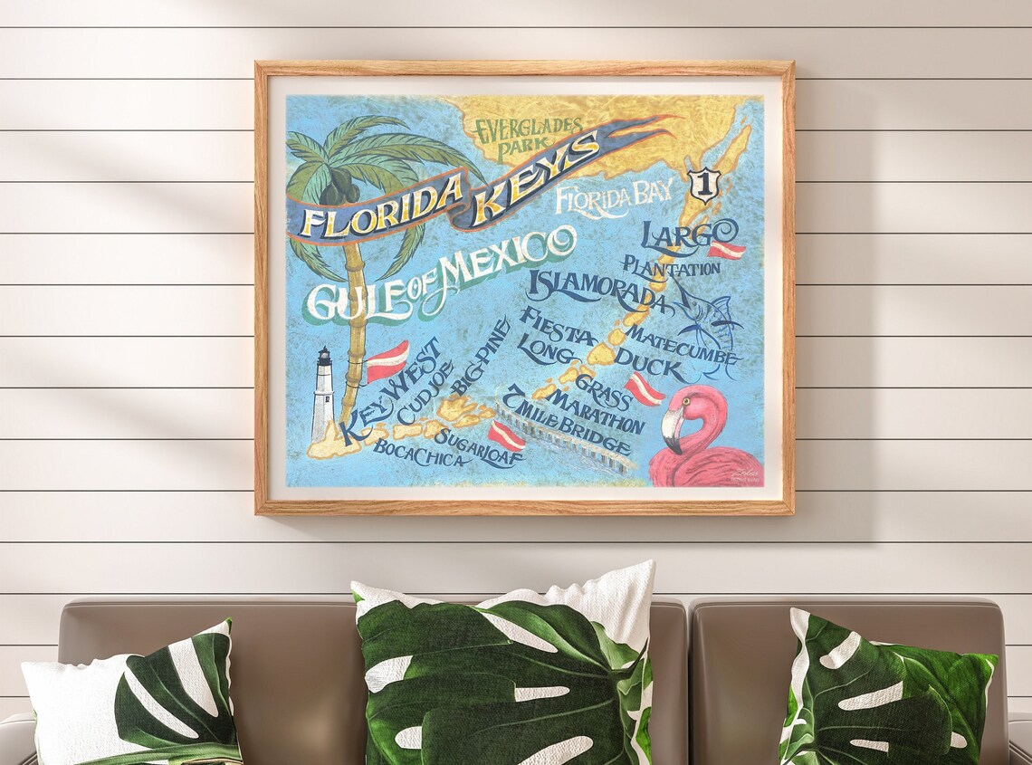 Florida Keys-key West Retro Beach Style Map Print Florida - Etsy