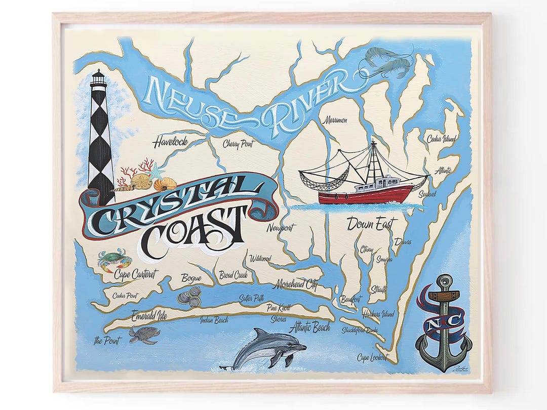 Crystal Coast NC Art Print: Beach House Coastal Map Decorcoastal Art ...