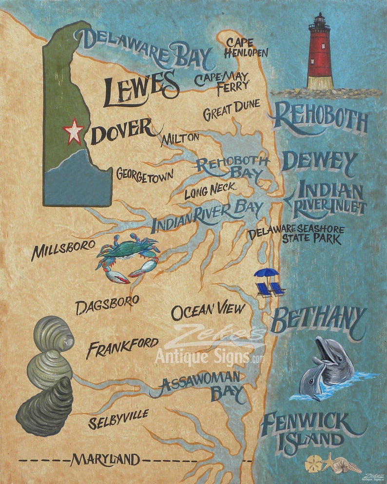 Delaware Beaches Map Style Printbeach House Decor Travel - Etsy
