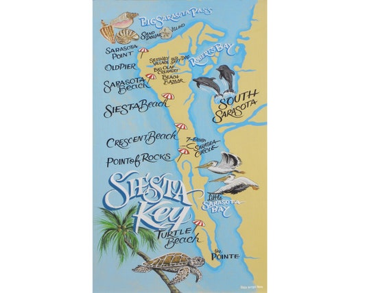 Siesta Key Florida Map Print From an Original Hand Painted & - Etsy