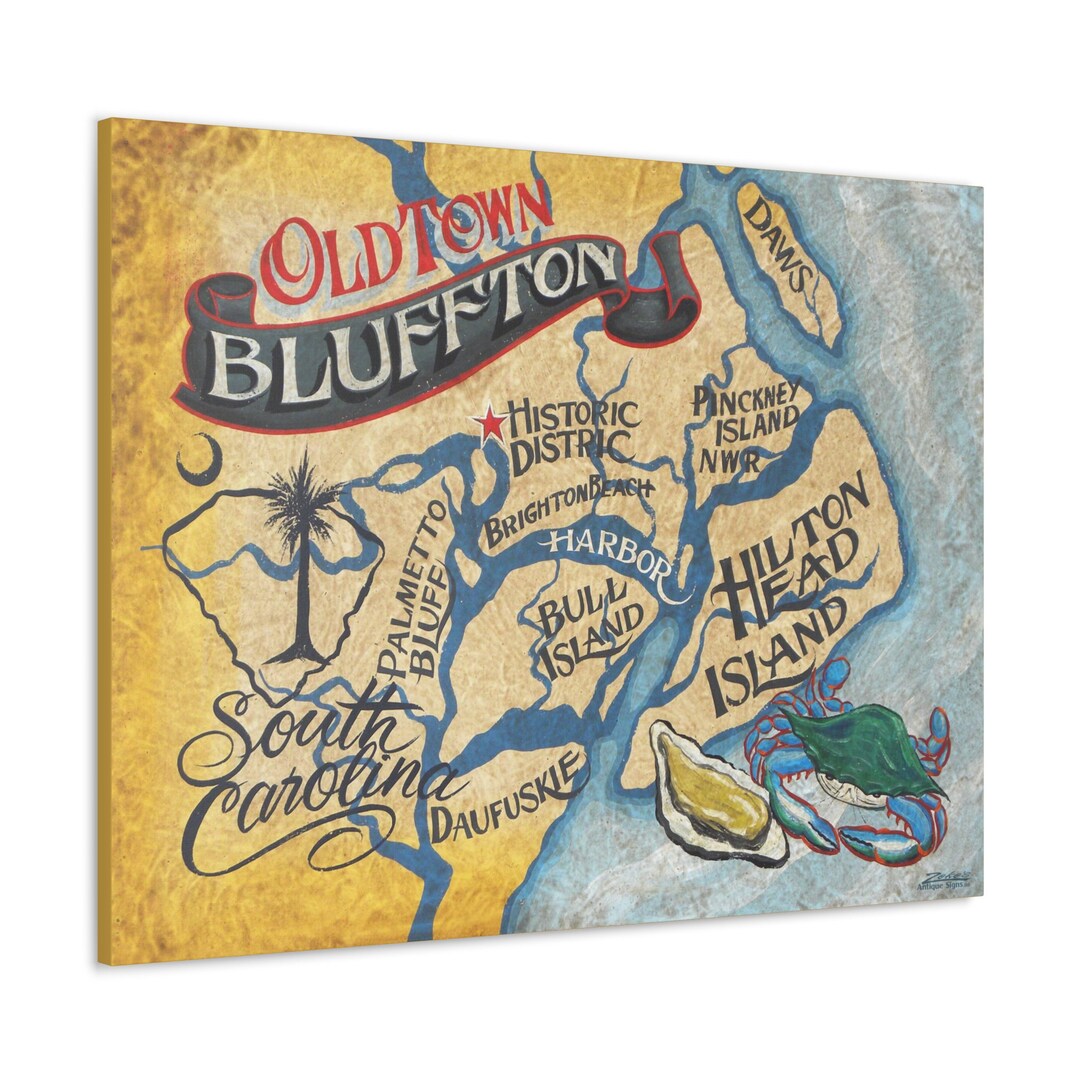 Old Bluffton SC Map Canvas From an Original Hand Painted and Lettered ...