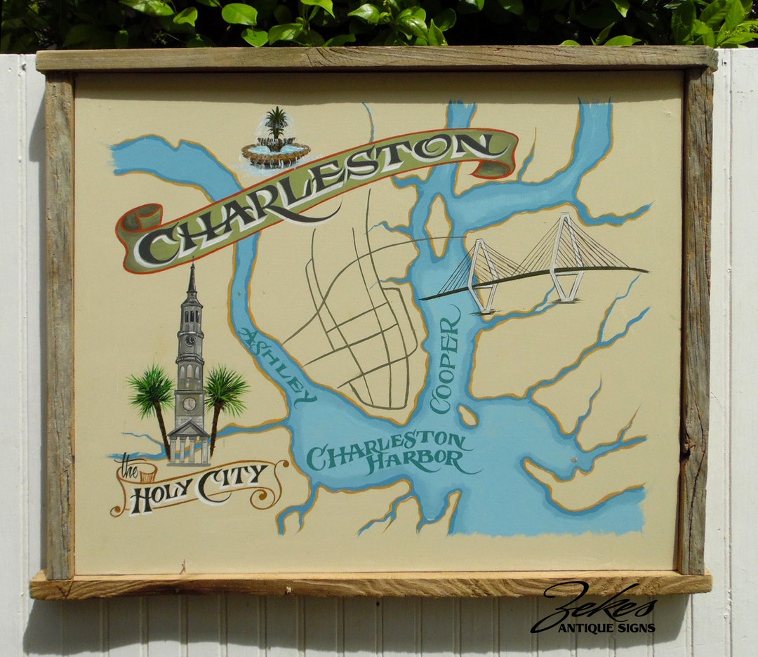 Letrero exclusivo con el mapa de Charleston, hecho a mano y escrito a ...