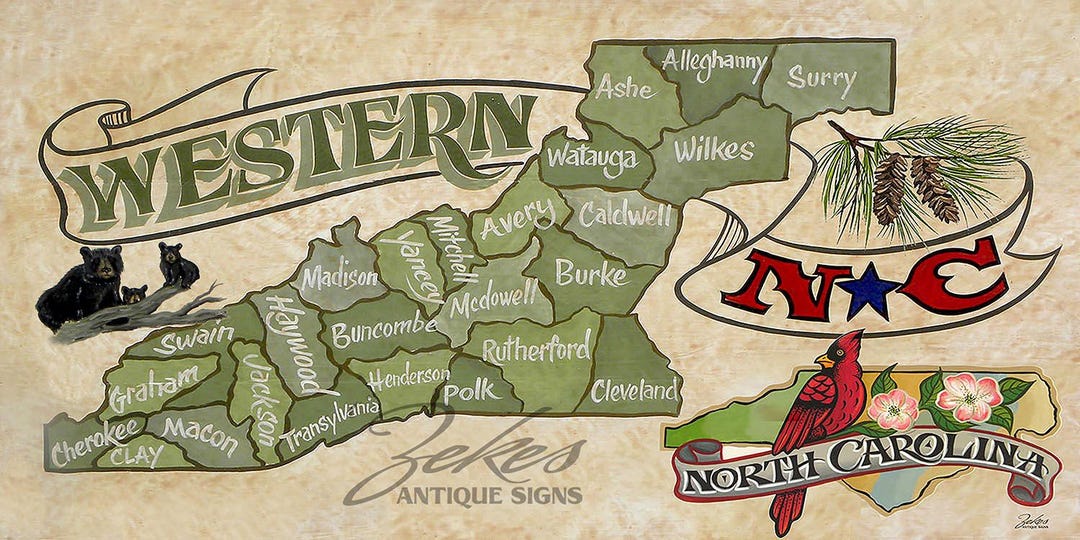 Western NC Carolina Print of the Counties Map , Travel and Vacation Map ...