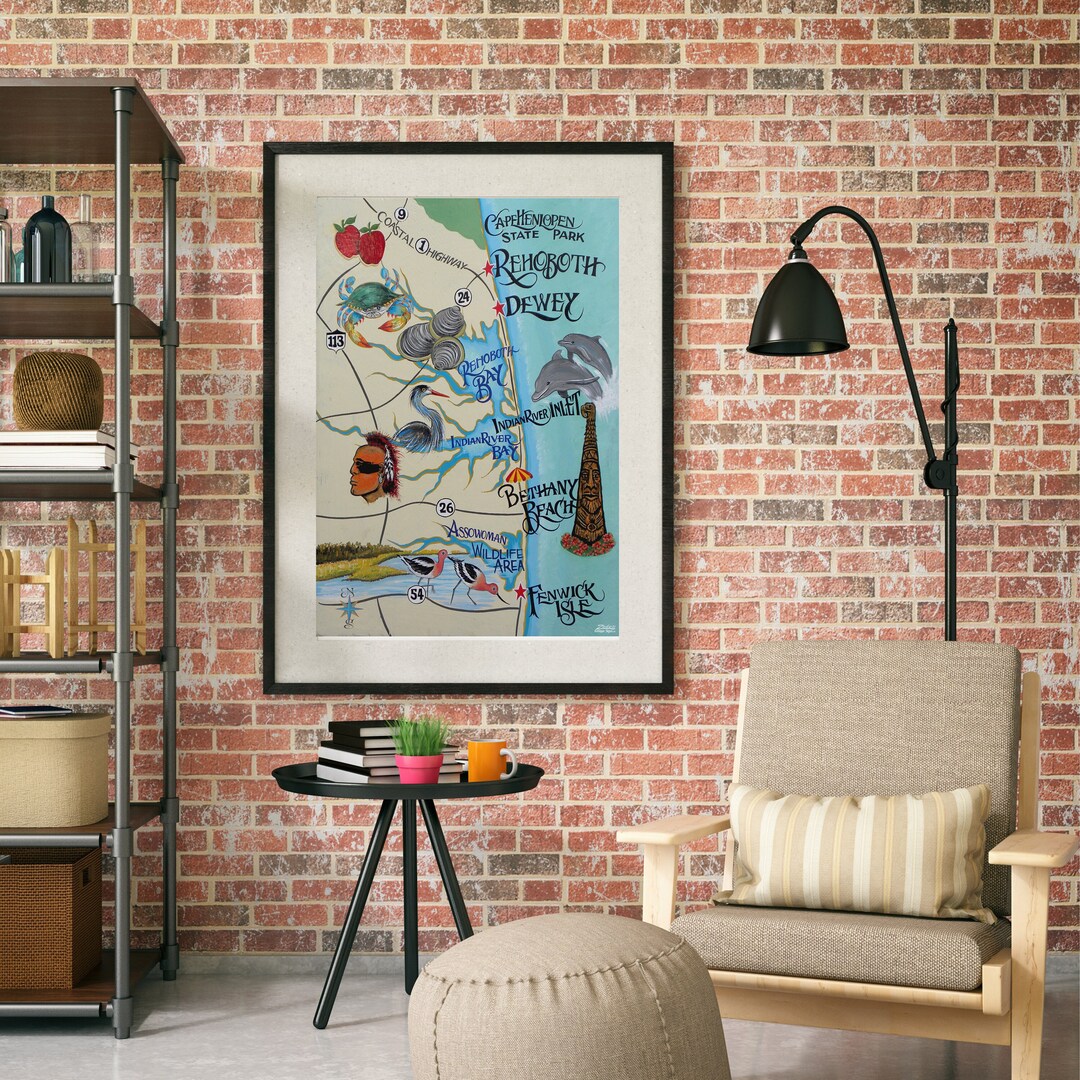 Delaware Beaches Map Art Print | Beach House Decor |travel Map Art ...