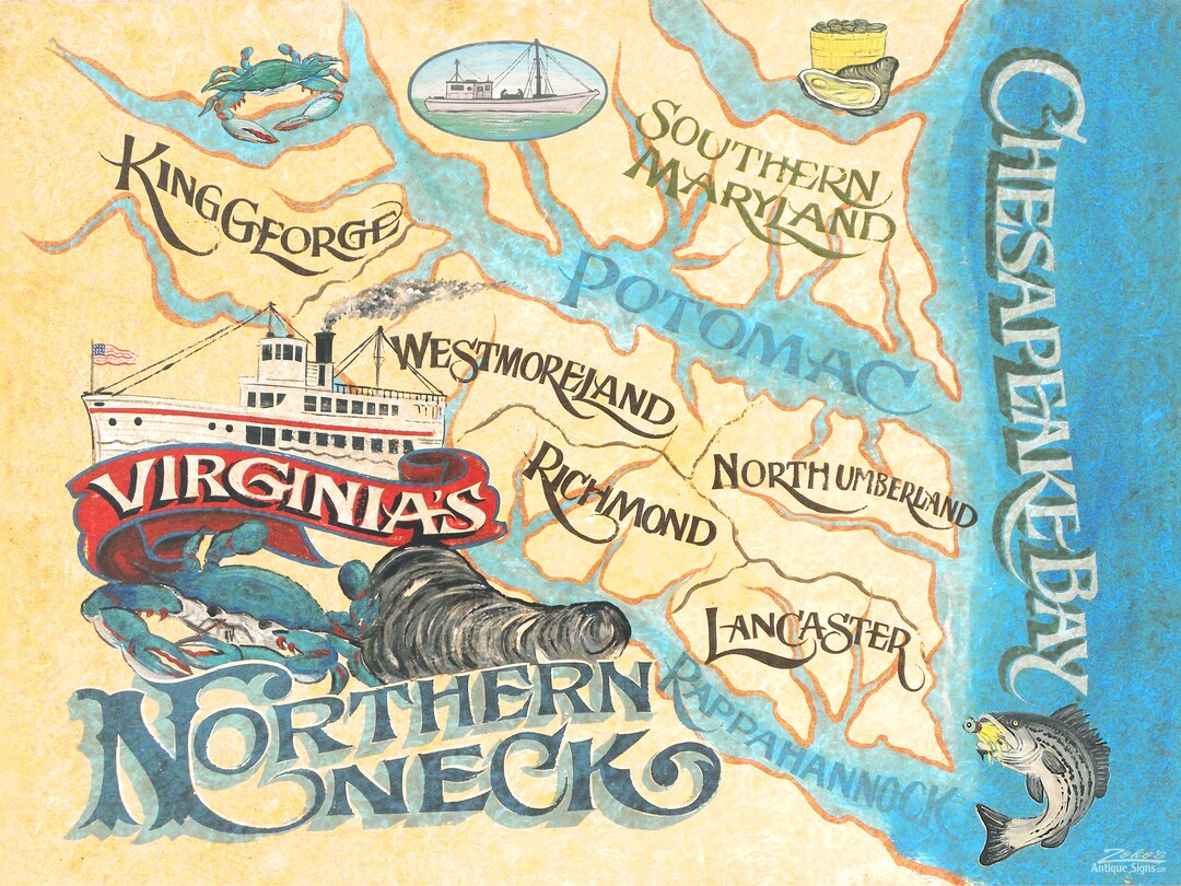 Northern Neck of Virginia Print . Retro Map-art Beach House - Etsy