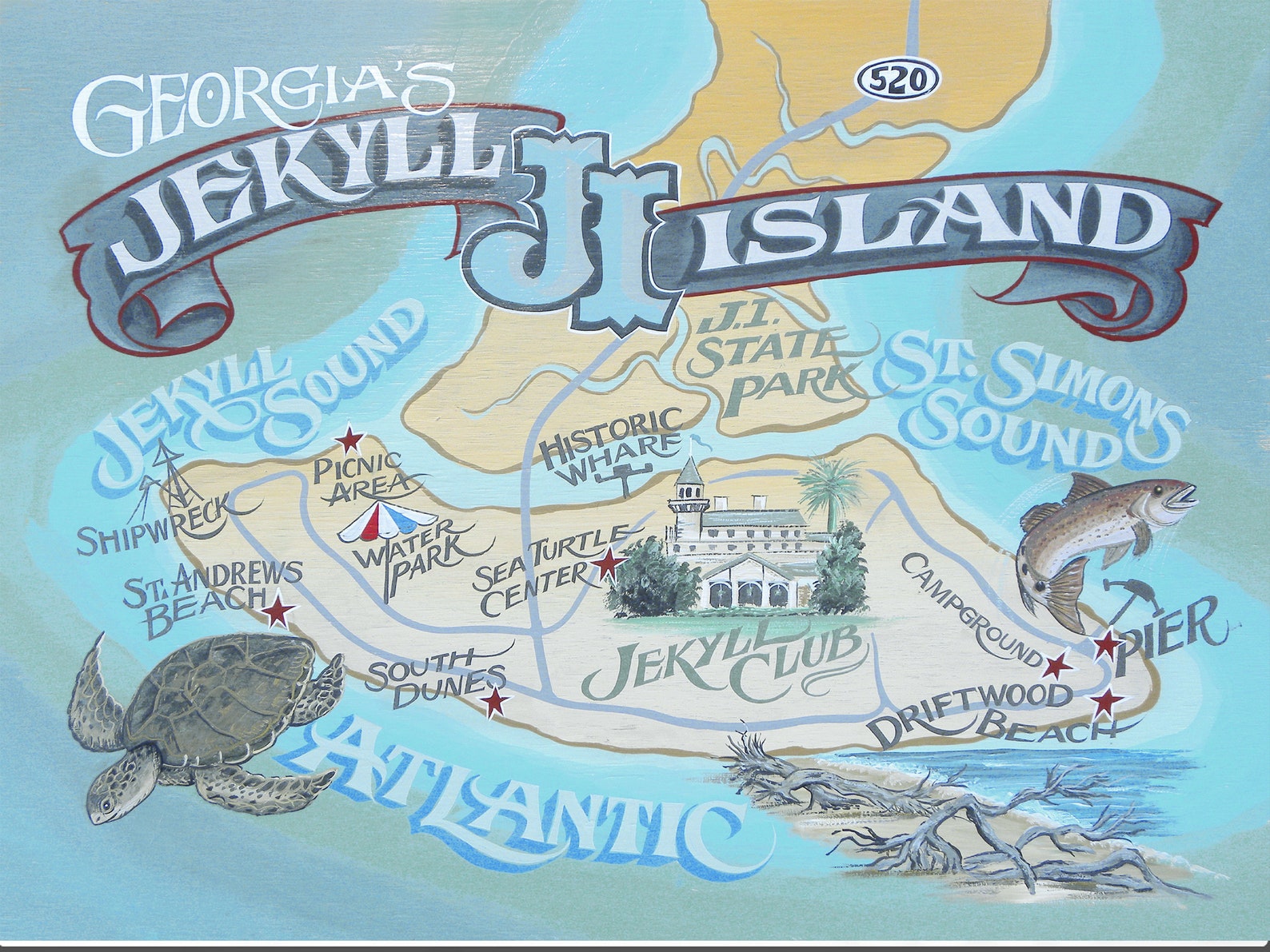 Jekyll Island Map Print . Golden Isle, St Simons, Beach House Decor ...
