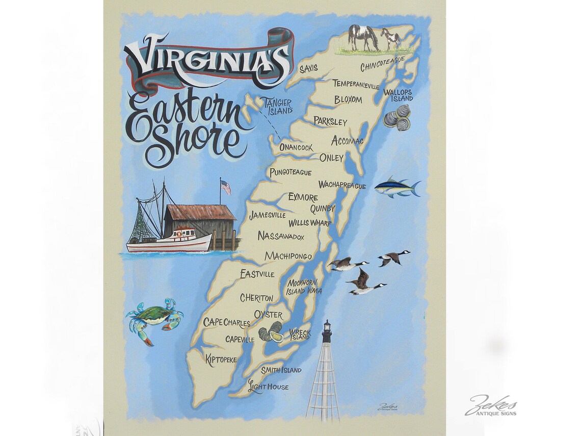 Virginia Eastern Shore Map Style Print . Beach House Decor - Etsy