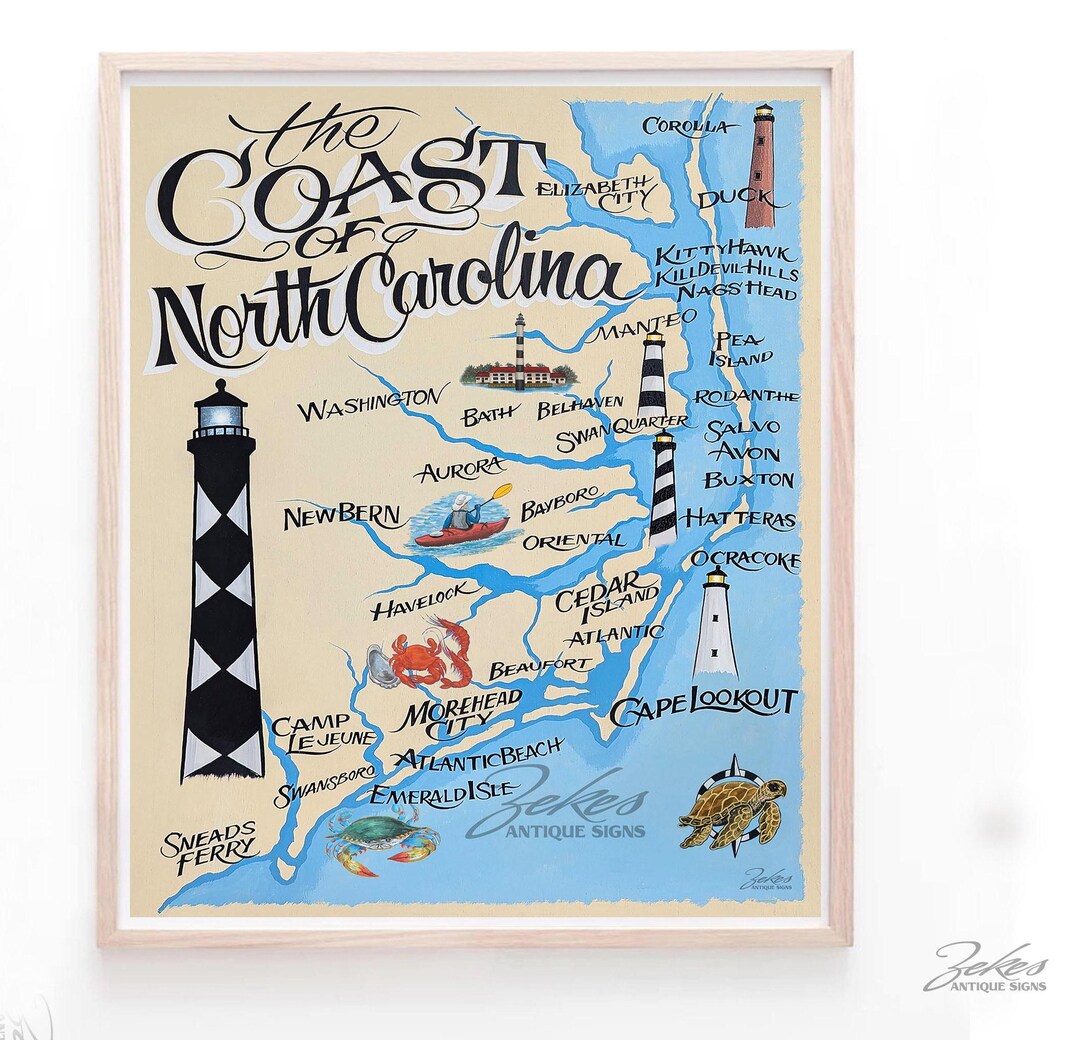 Outer Banks-lighthouses Map of NC Print| Beach House Decor| North ...