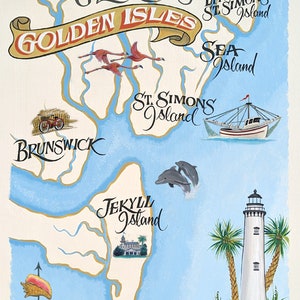 Golden Isles of Georgia Coast Map Print . Beach House Decor, Travel Map ...