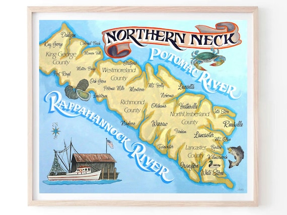 Northern Neck Virginia Map Nautical Chart Pillow, Locations In