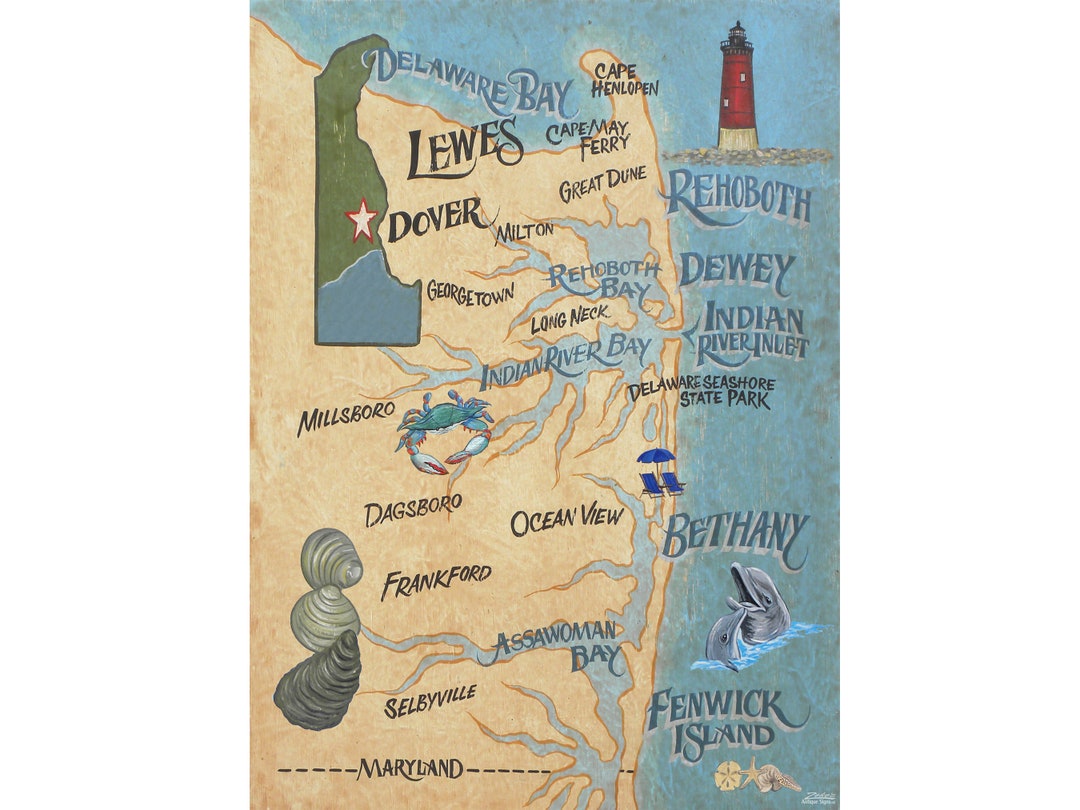 Delaware Beaches Map Style Printbeach House Decor Travel - Etsy