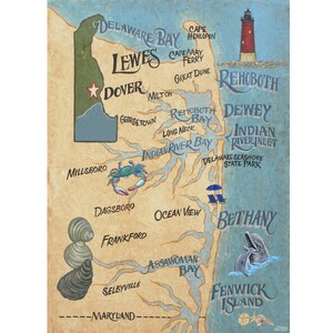 Delaware Beaches Map Style Print|beach House Decor| Travel Map ...